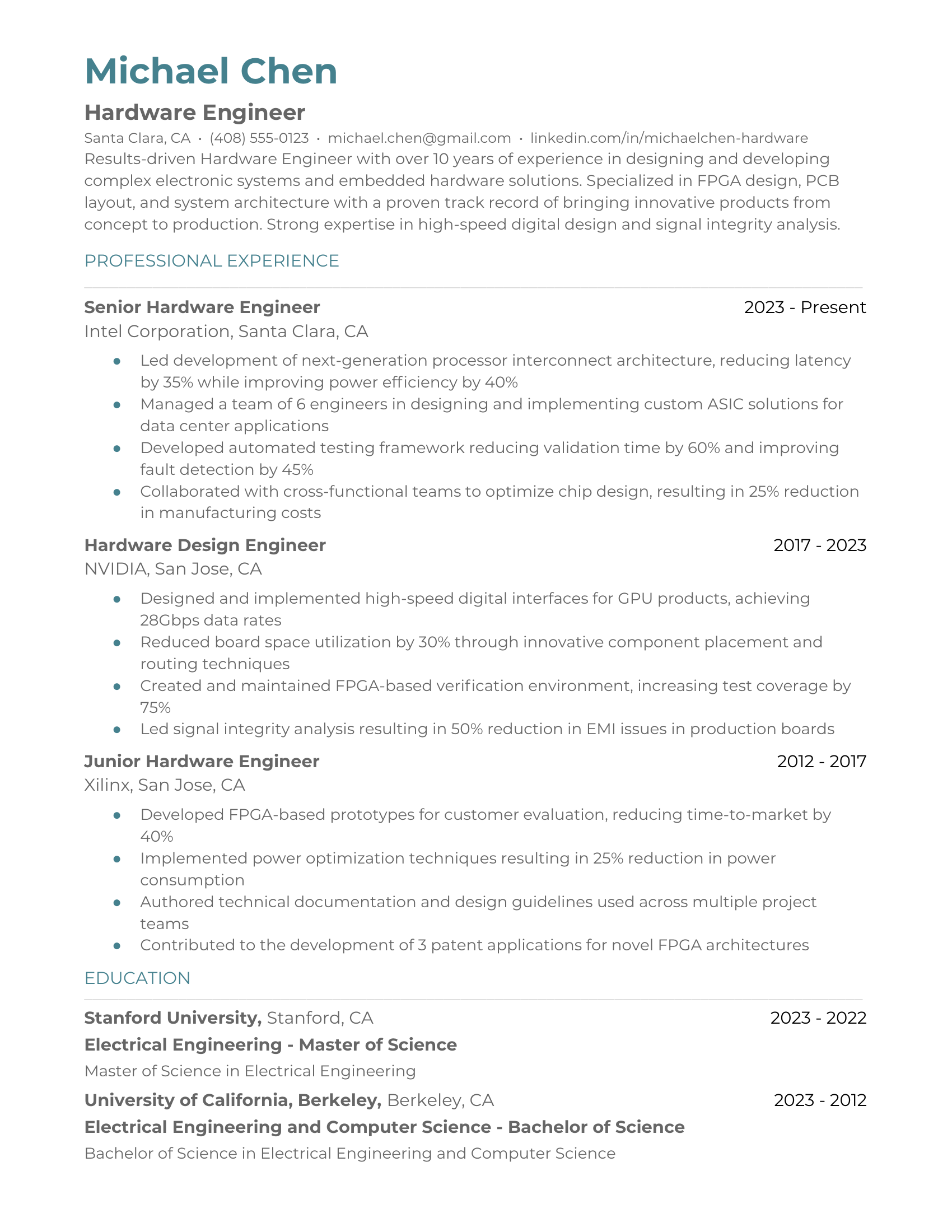 Hardware Engineer in Engineering Resume Examples & Tips for 2025 | Careerday